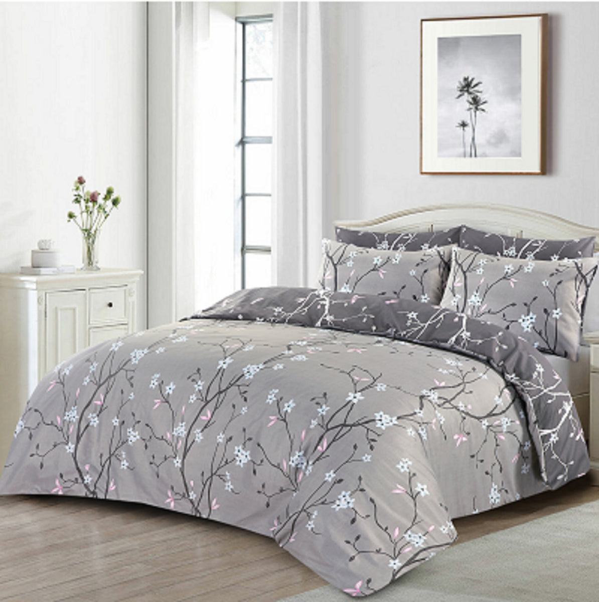 Printed Duvet Cover Grey Bedding Set with Pillowcases Reversible Doubl